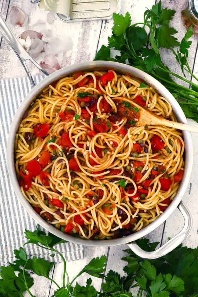 Pasta Puttanesca (with olives, anchovies, and capers) - Bowl of Delicious