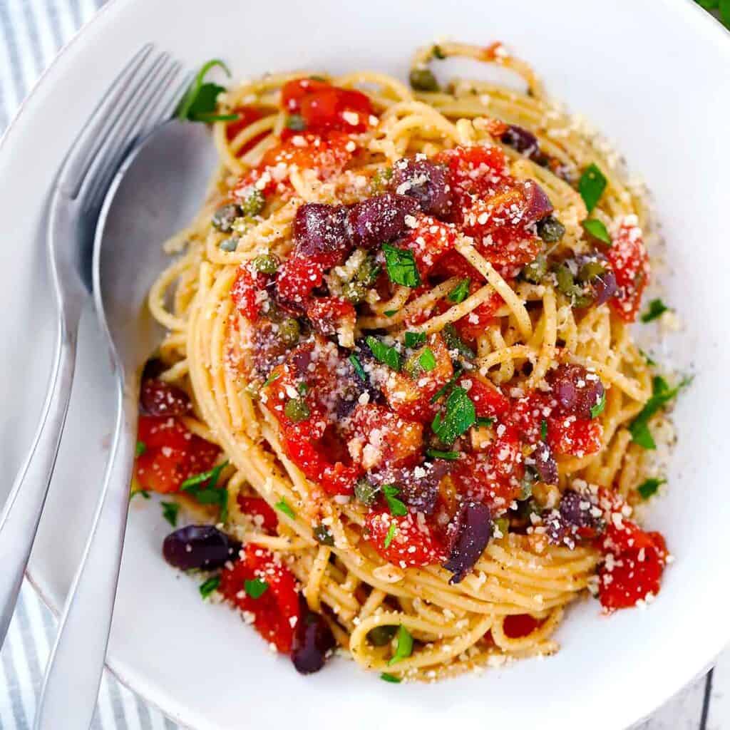 Pasta Puttanesca (with olives, anchovies, and capers) - Bowl of Delicious