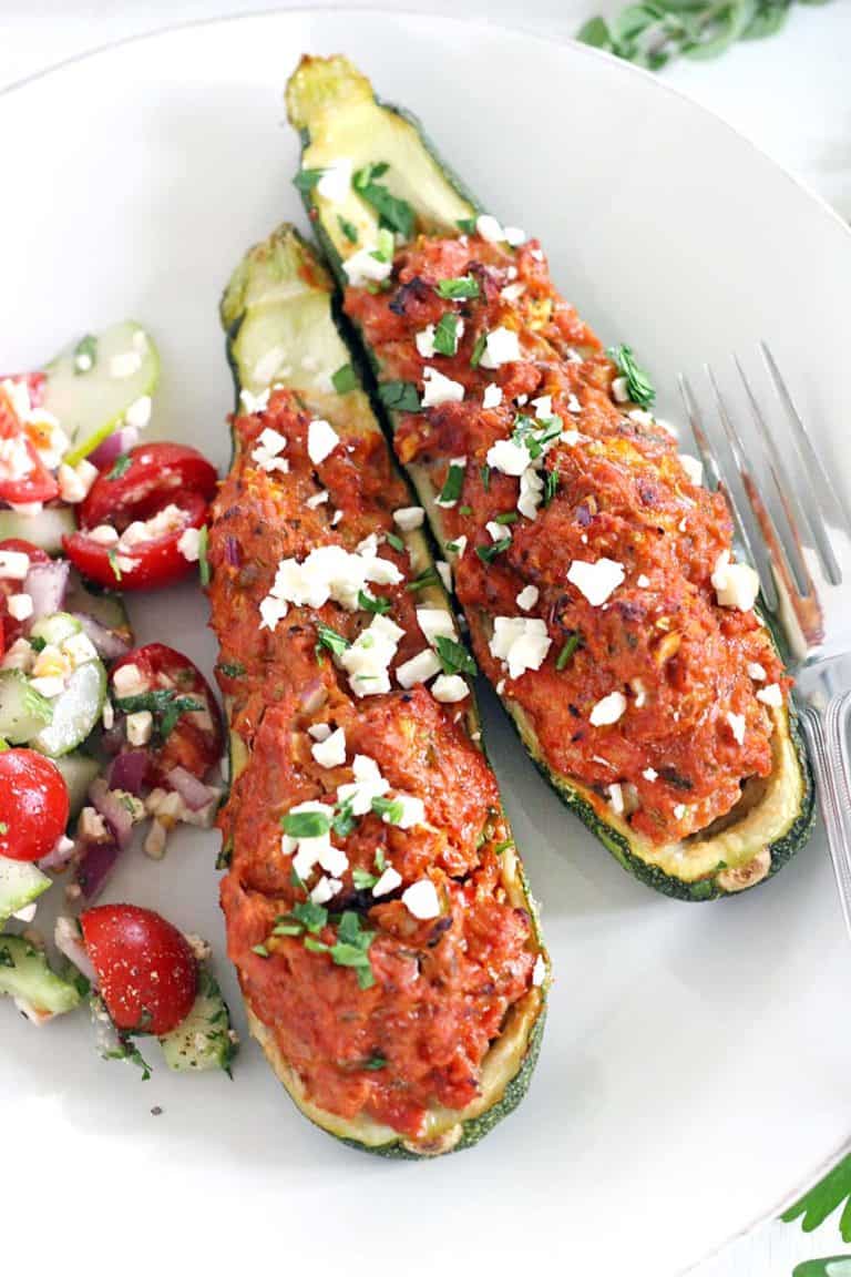 Paleo Greek Stuffed Zucchini Boats - Bowl of Delicious