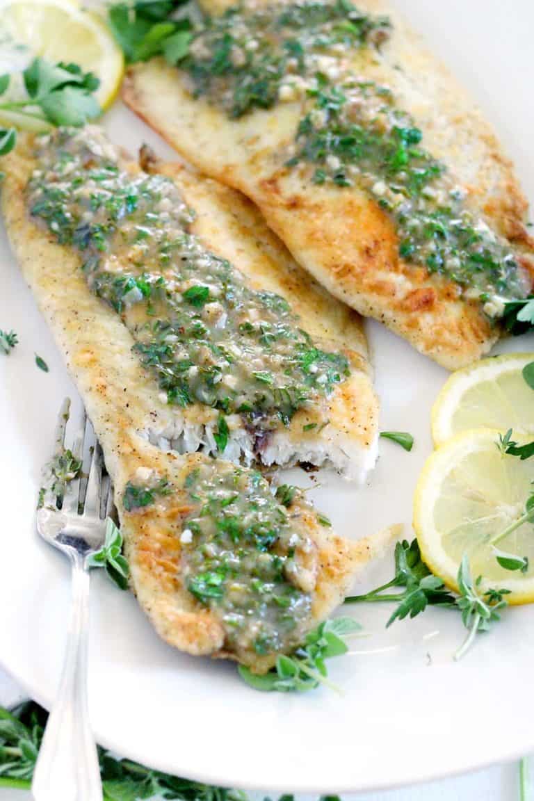Pan Fried Sea Bass with Lemon Garlic Herb Sauce - Bowl of Delicious