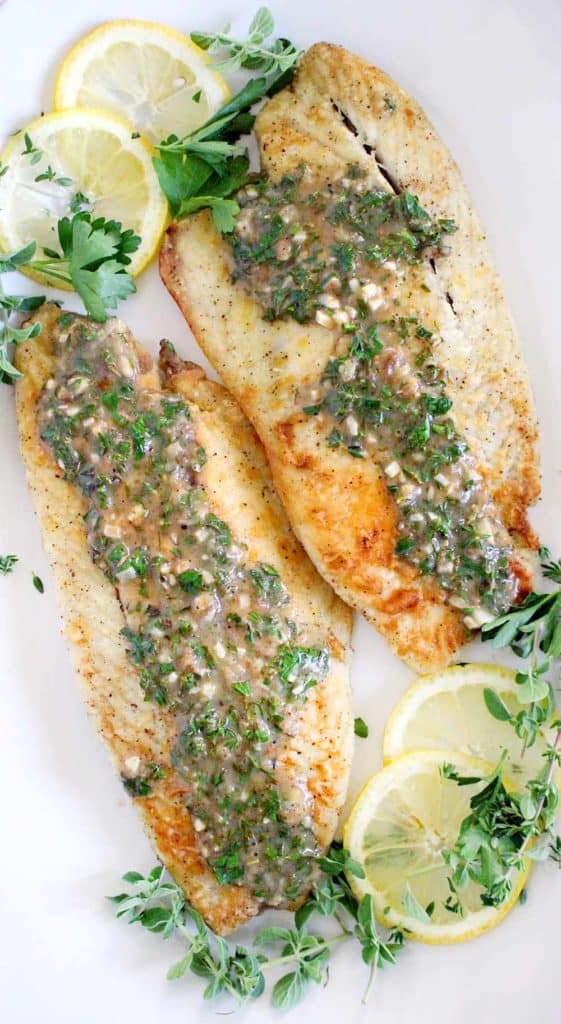 Pan Fried Sea Bass with Lemon Garlic Herb Sauce - Bowl of Delicious