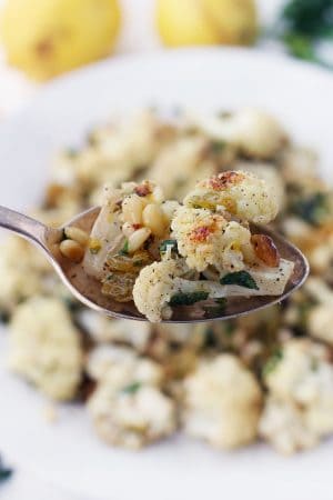 Roasted Cauliflower with Pine Nuts and Raisins - Bowl of Delicious