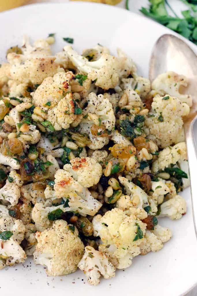 Roasted Cauliflower with Pine Nuts and Raisins - Bowl of Delicious