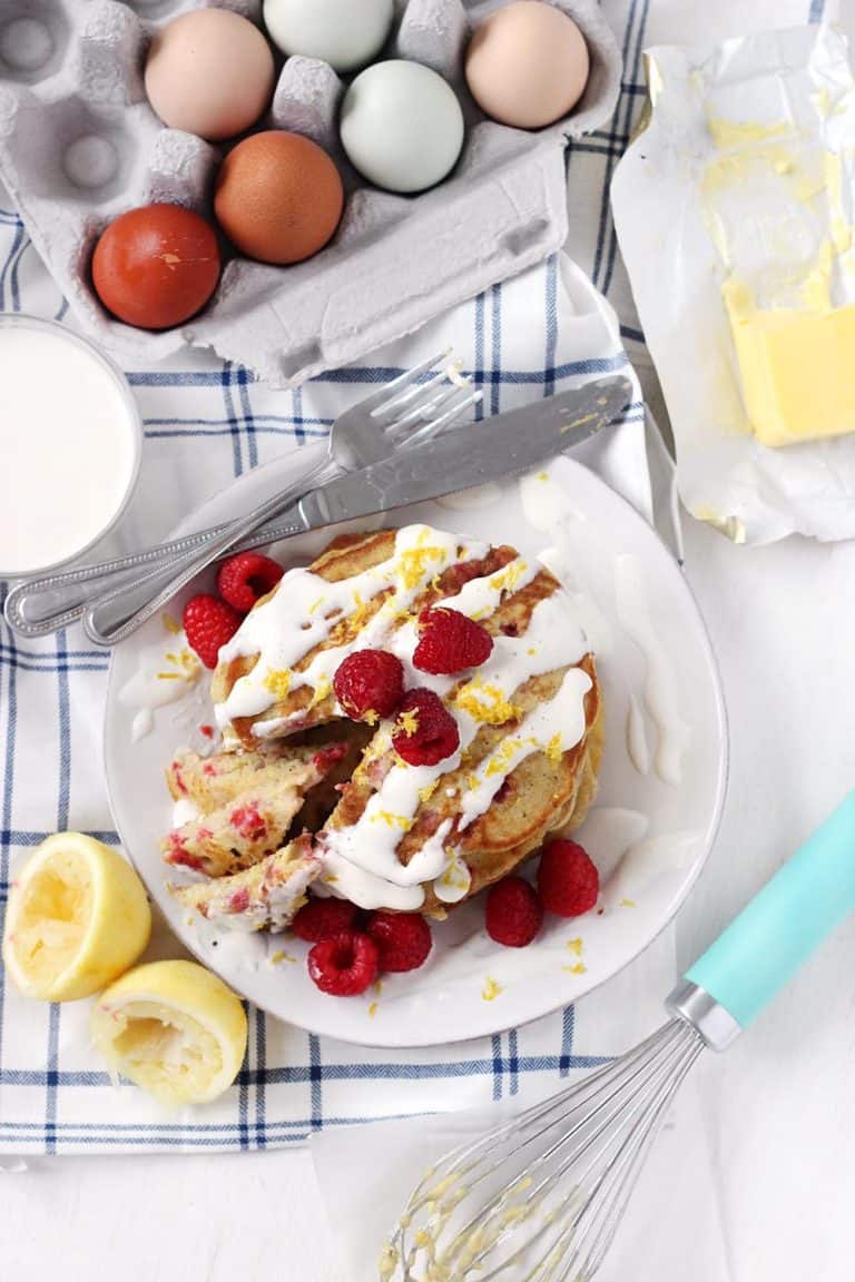 Lemon Raspberry Pancakes with Maple Cream Cheese Drizzle - Bowl of ...