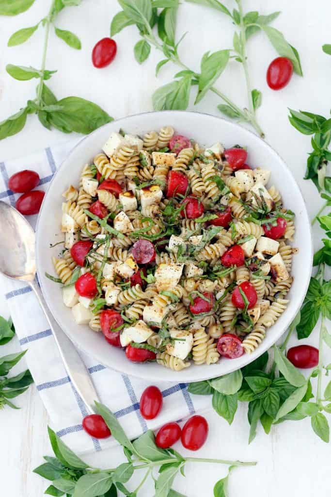 Caprese Pasta Salad with Creamy Balsamic Dressing - Bowl of Delicious