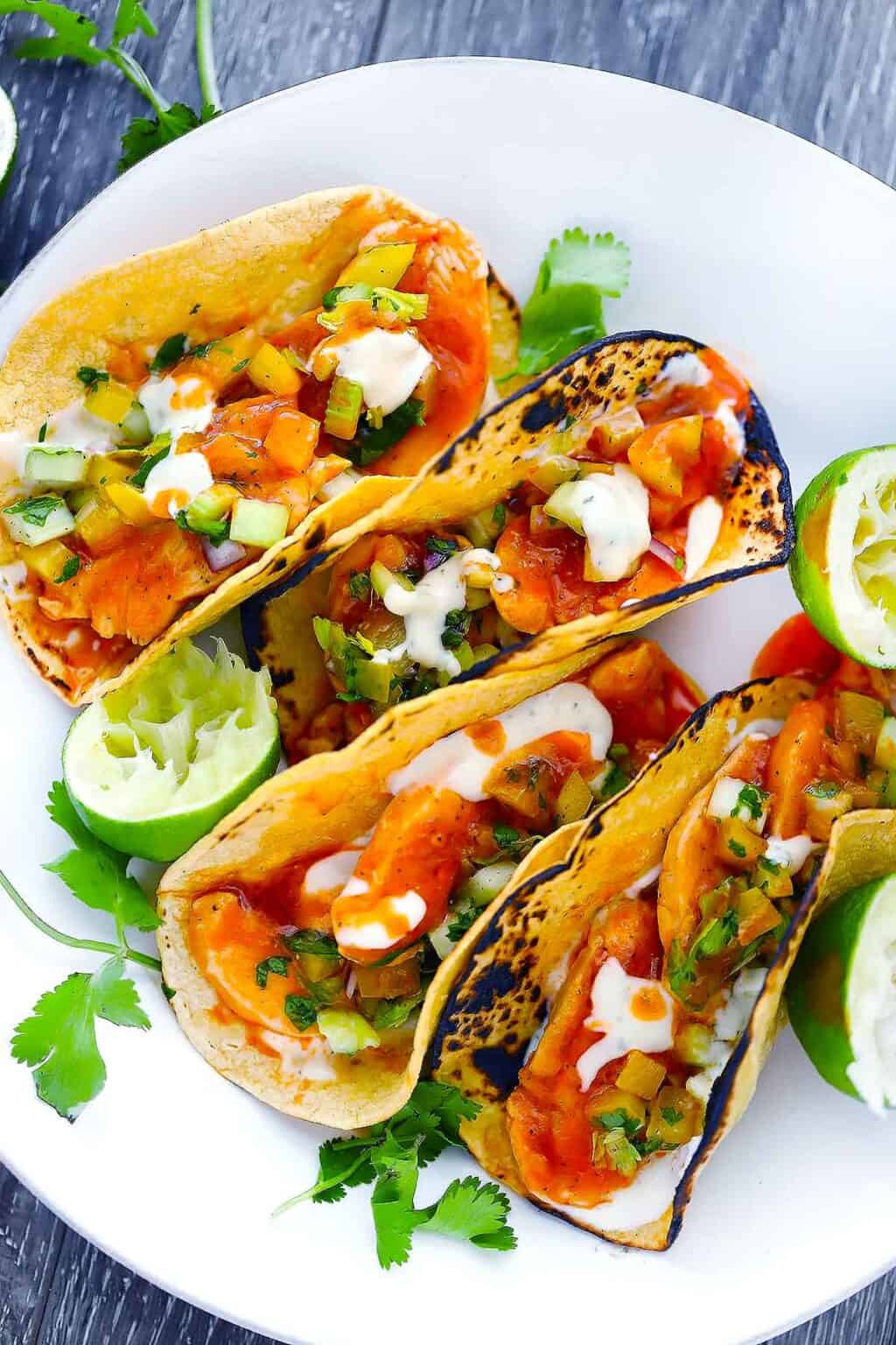 Healthy Buffalo Chicken Tacos with Celery Salsa - Bowl of Delicious