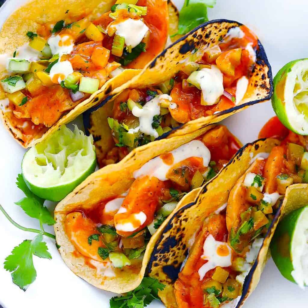 Healthy Buffalo Chicken Tacos with Celery Salsa - Bowl of Delicious