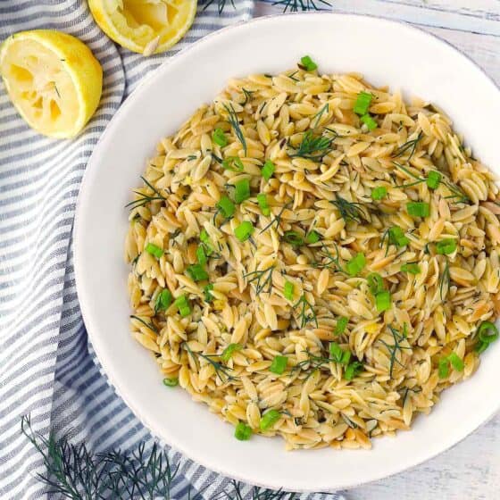 Toasted Orzo Pilaf with Lemon, Butter, and Dill - Bowl of Delicious