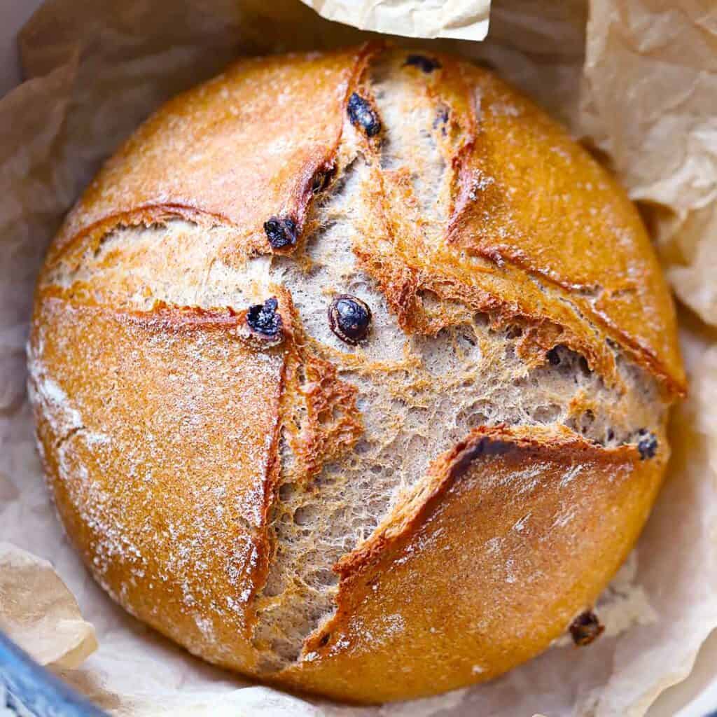No Knead Cinnamon Raisin Bread (Dutch Oven) - Bowl of Delicious