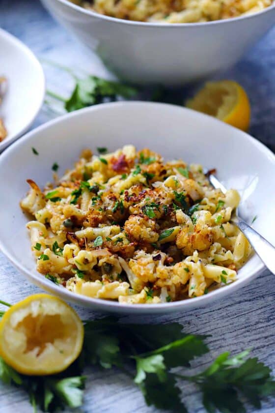 Roasted Cauliflower Pasta with Crispy Onions and Breadcrumbs - Bowl of ...
