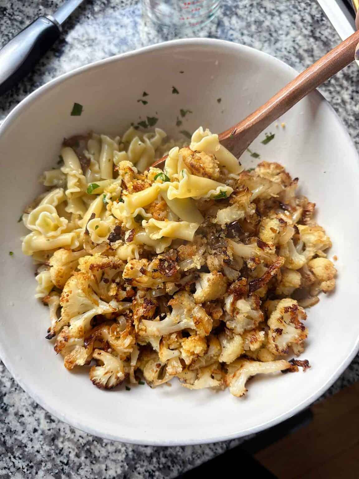 Roasted Cauliflower Pasta with Crispy Onions and Breadcrumbs - Bowl of ...